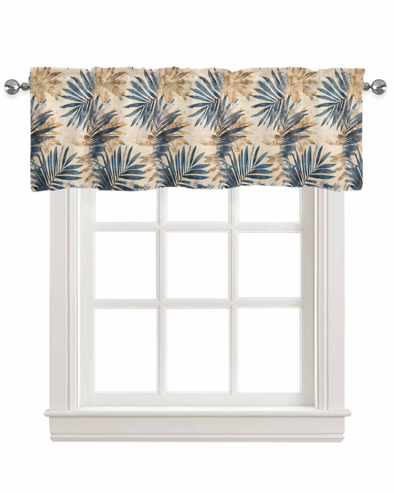 Blue Brown Palm Leaf Kitchen Valances for Windows Farmhouse Linen ...