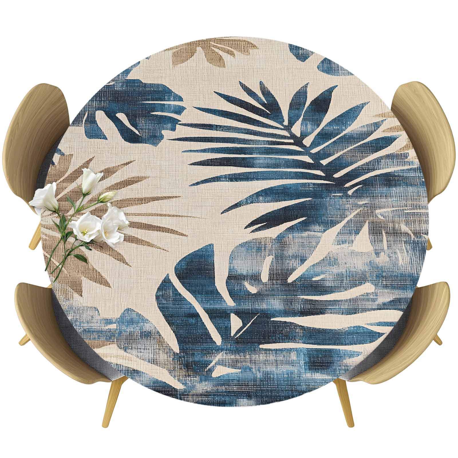 Blue Brown Palm Leaf Round Tablecloth 45-54 Inch Round Fitted Table ...