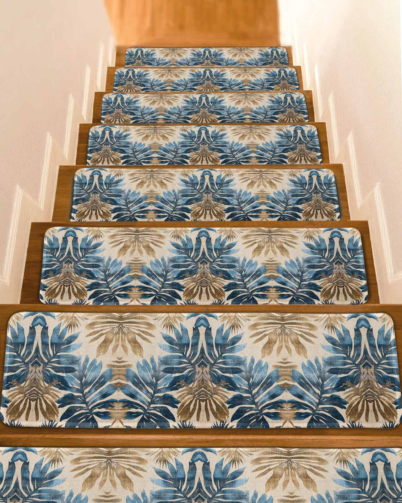 Blue Brown Palm Leaf Stair Treads for Wooden Steps Indoor Runner Rug ...