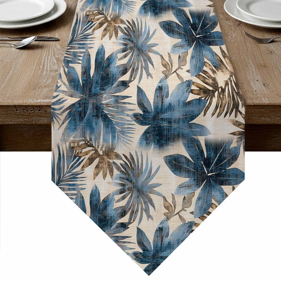 Blue Brown Palm Leaf Table Runner Linen Burlap Table Runner 120 Inches ...