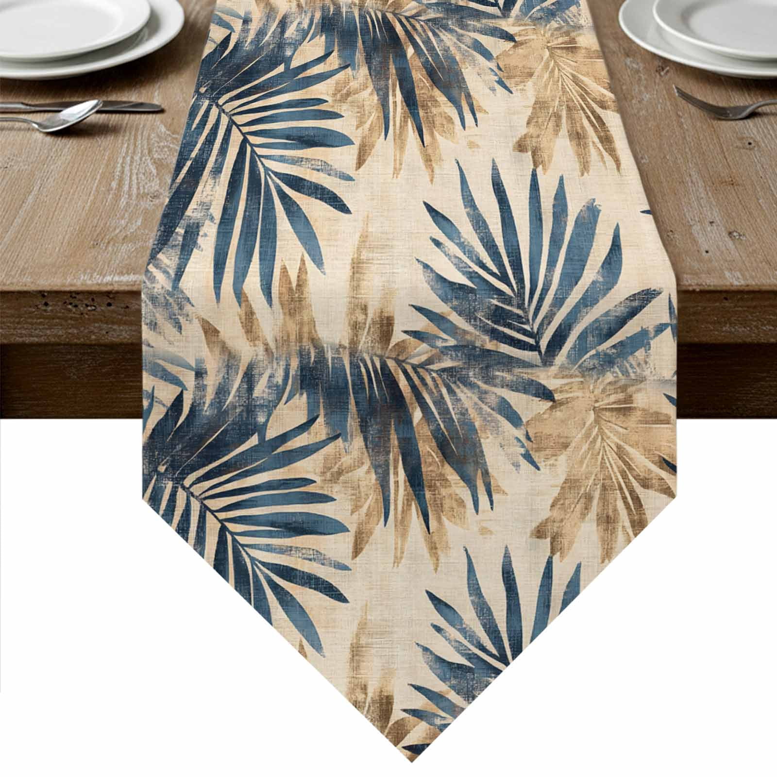 Blue Brown Palm Leaf Table Runner Linen Burlap Table Runner 60 Inches ...