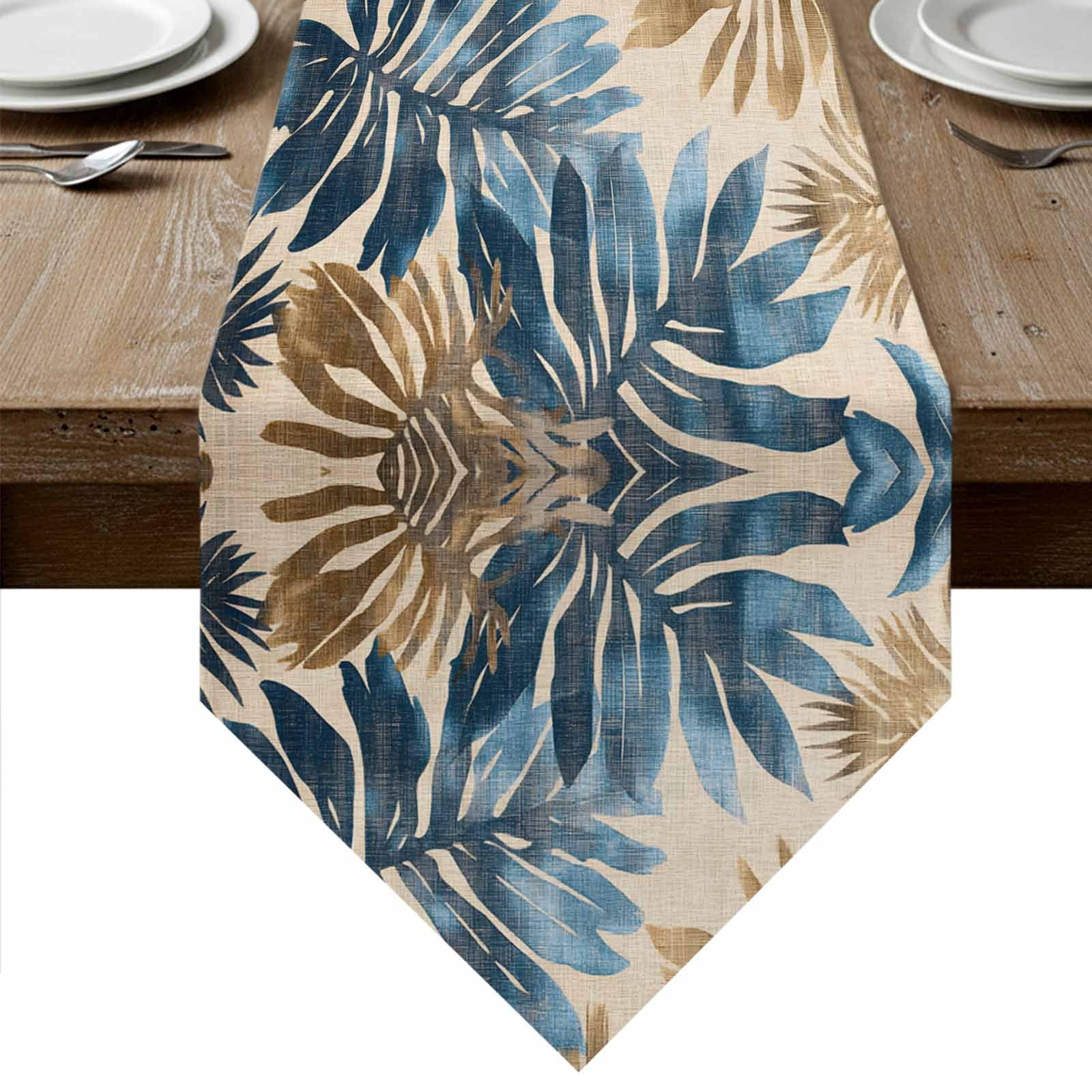 Blue Brown Palm Leaf Table Runner Linen Burlap Table Runner 72 Inches ...
