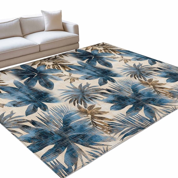 Blue Brown Palm Leaf Washable Rug 4x6 Area Rug for Living Room Bedroom ...