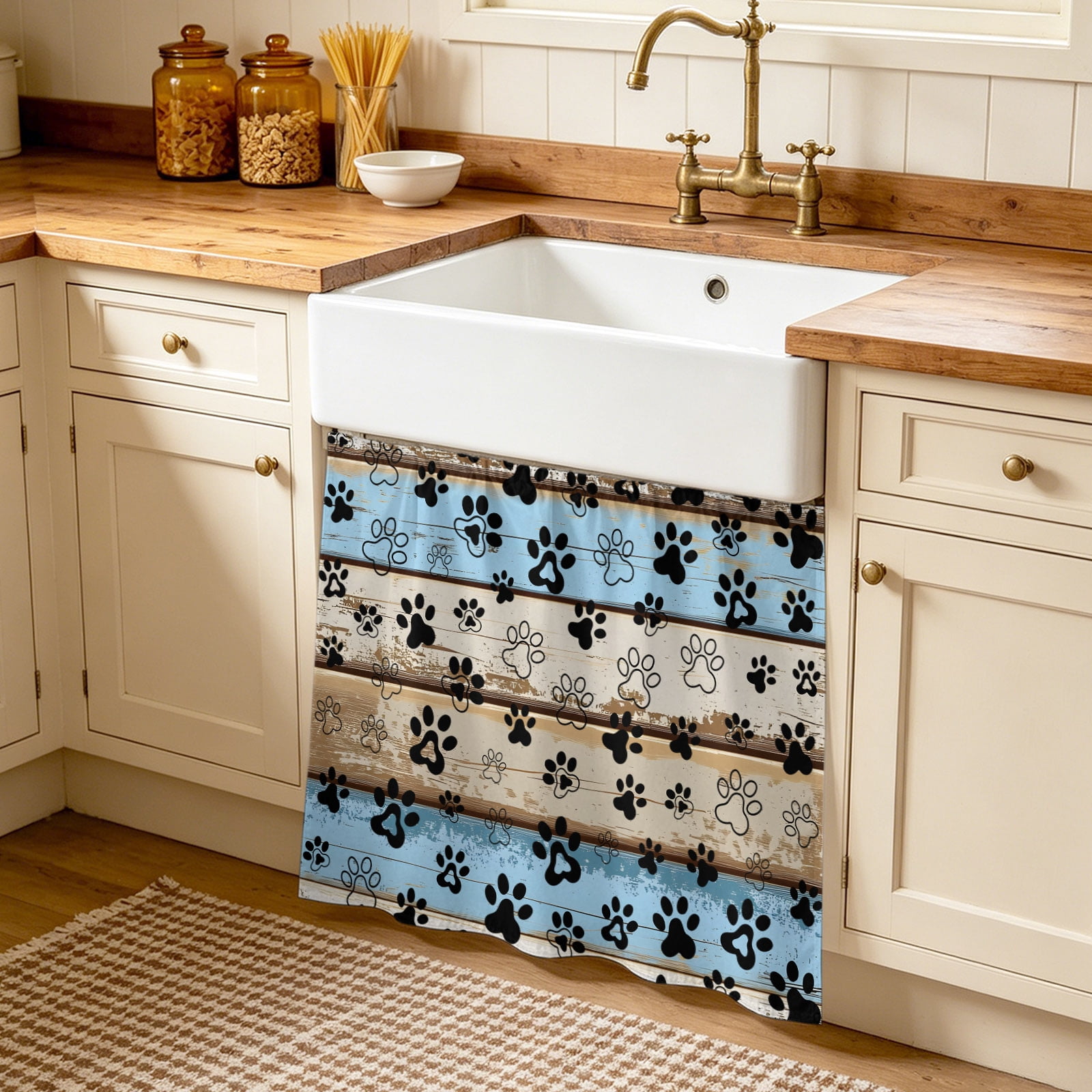 Blue Brown Paw Prints Cabinet Curtains 35"W x 35"L, Vintage Farmhouse ...