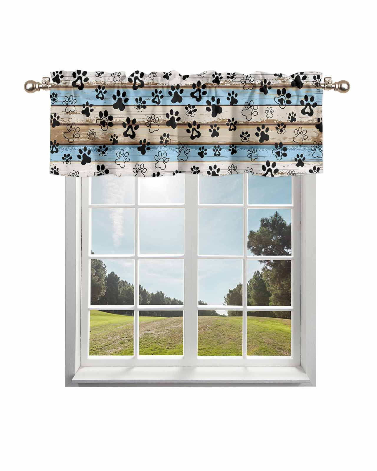 Blue Brown Paw Prints Curtain Valance for Windows/Living Room/Kitchen ...