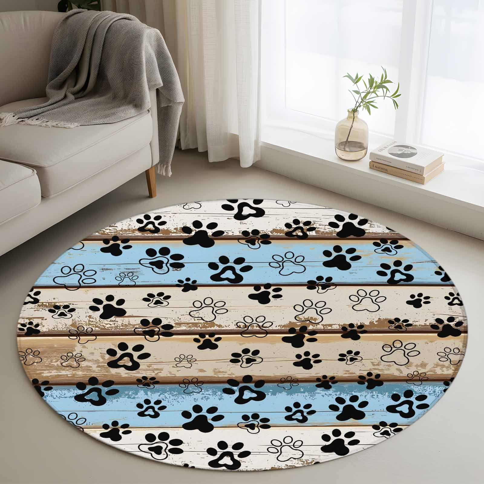 Blue Brown Paw Prints Round Rug 3.3ft Washable Circle Entryway Rugs Non ...