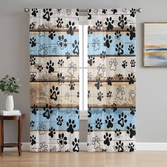 Blue Brown Paw Prints Sheer Curtains 96 Inch Length 2 Panels Set ...