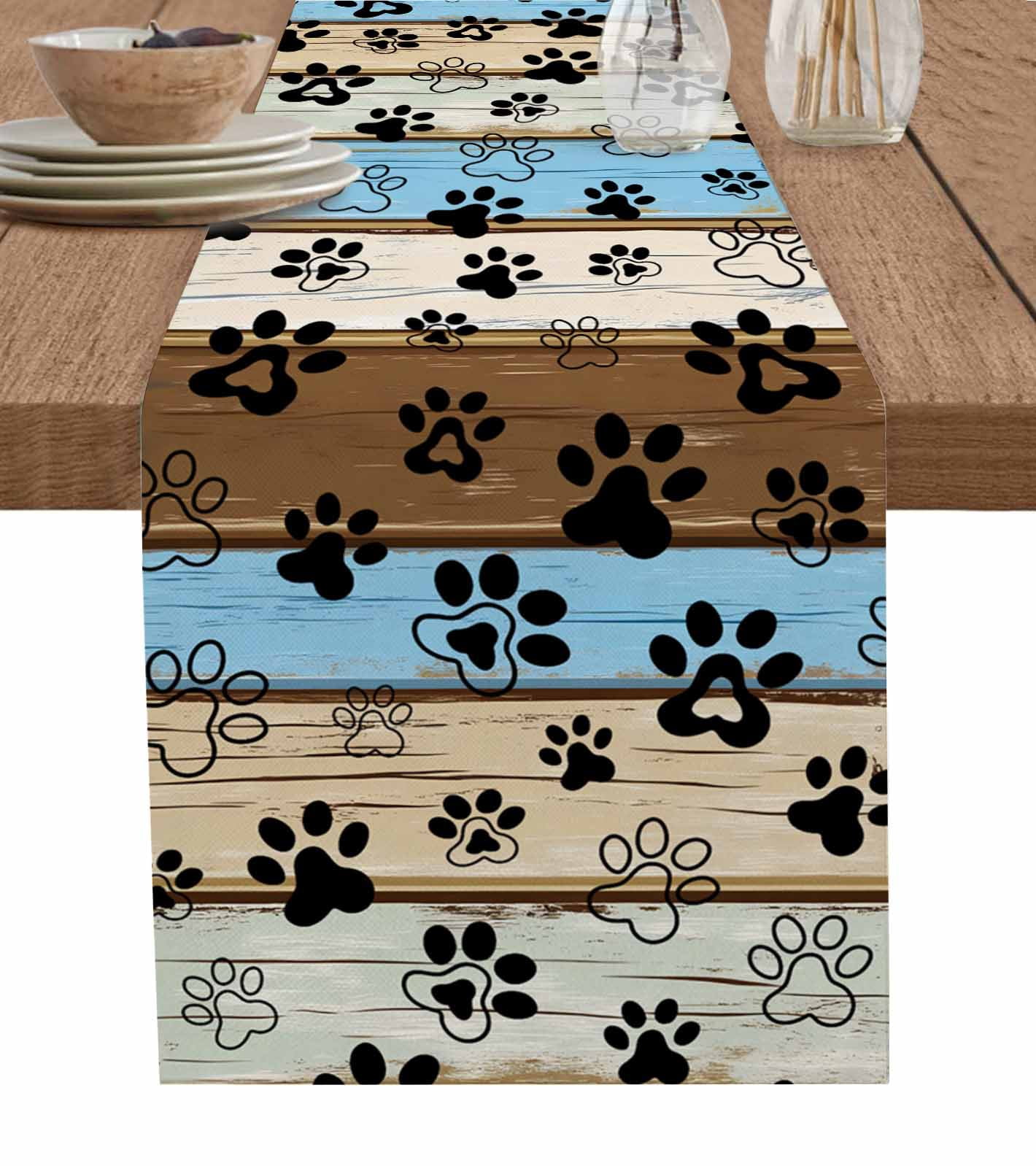 Blue Brown Paw Prints Table Runner 72 Inches, Vintage Farmhouse Country ...