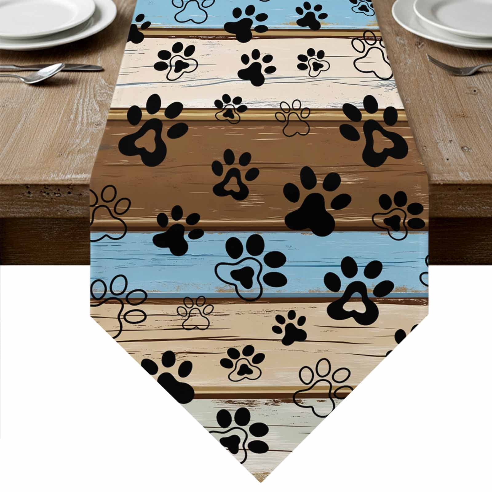 Blue Brown Paw Prints Table Runner Linen Burlap Table Runner 120 Inches ...