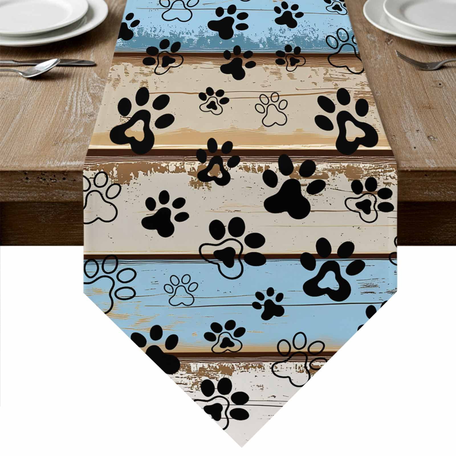 Blue Brown Paw Prints Table Runner Linen Burlap Table Runner 48 Inches ...