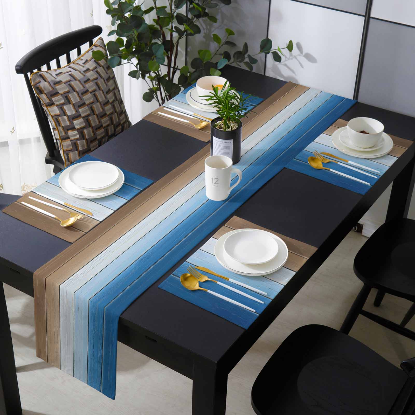 Blue Brown Placemats Set of 6 with 72 Inches Long Table Runner,Gradient ...
