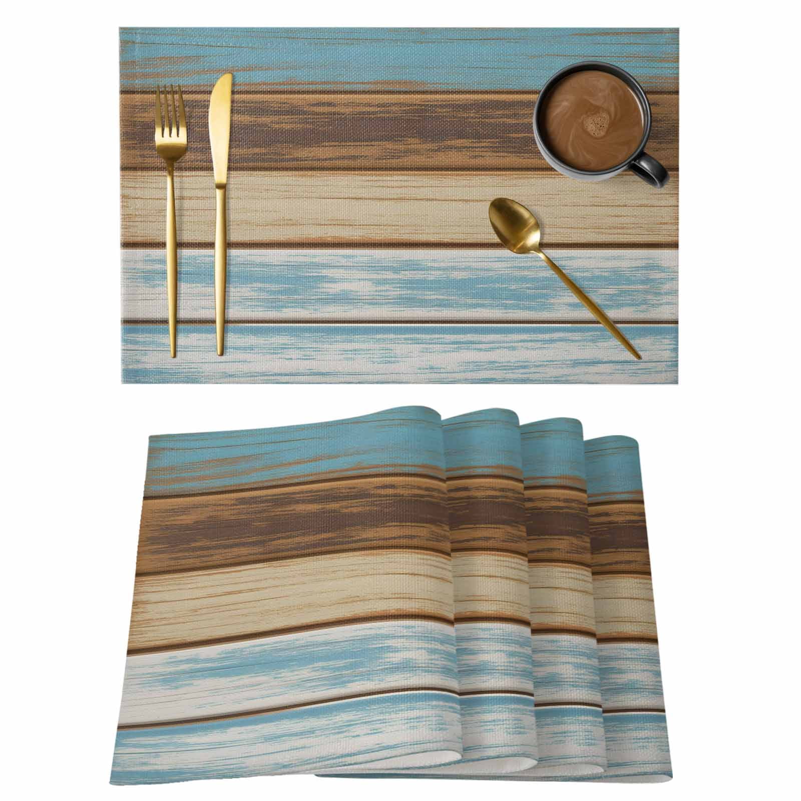 Blue Brown Placemats Set of 6, Farmhouse Rustic Wooden Plank Board ...