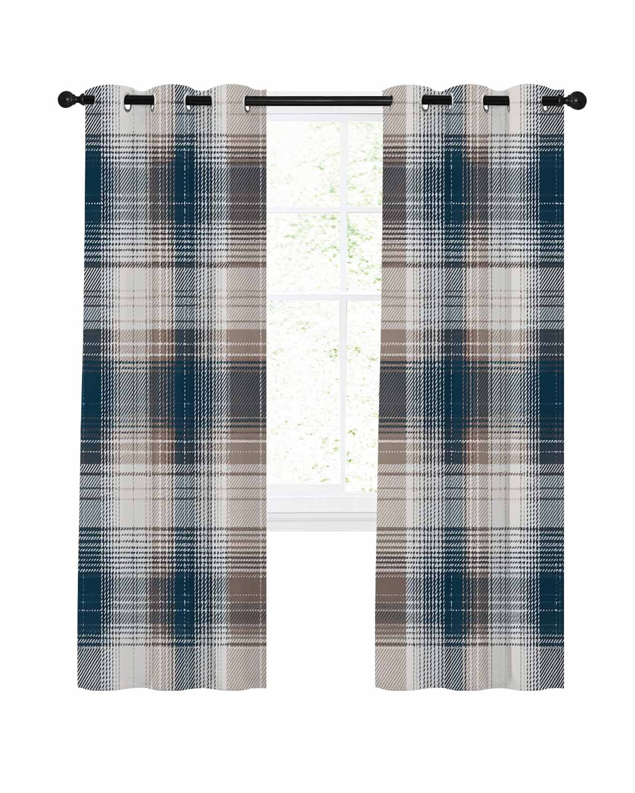 Blue Brown Plaid Blackout Curtains, Light Blocking Print Window ...