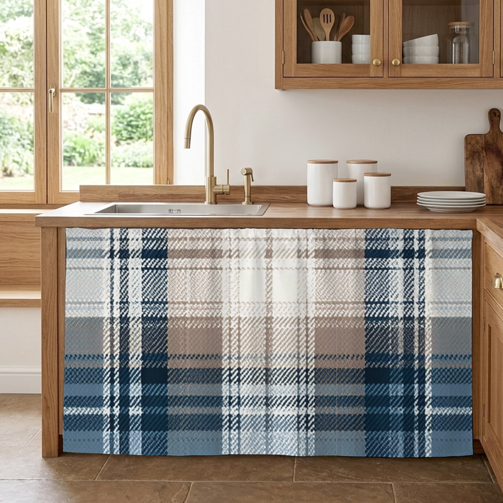 Blue Brown Plaid Cabinet Curtain 28"Wx51"L,Dustproof Storage Cabinet ...