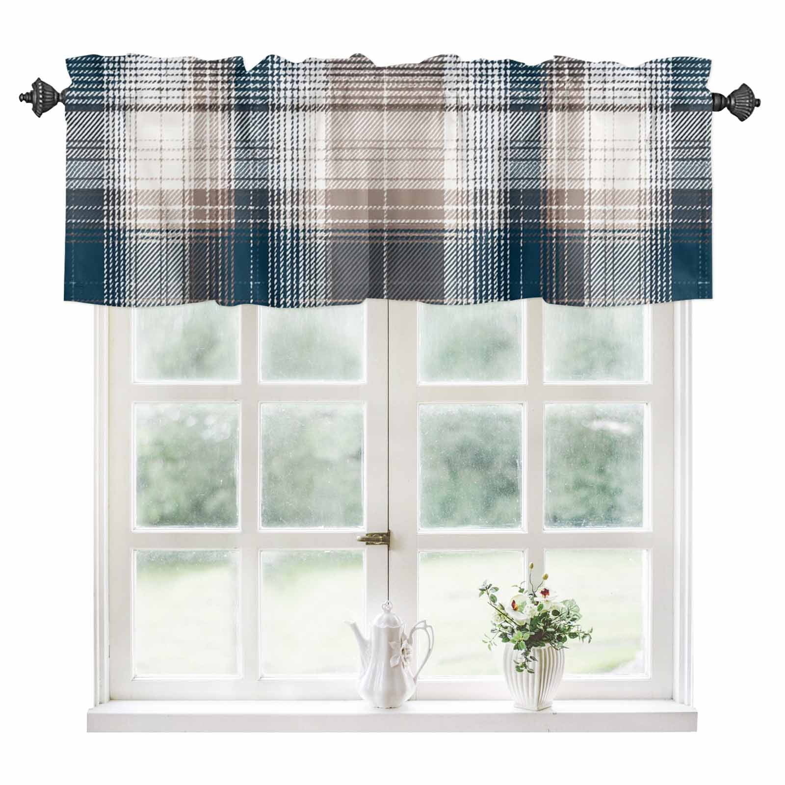 Blue Brown Plaid Kitchen Valances for Windows 42x18 Inch Kitchen ...