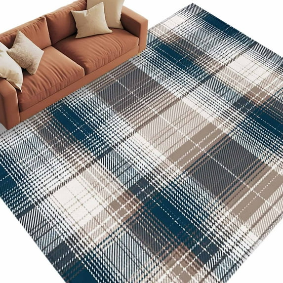 Blue Brown Plaid Large Area Rugs for Bedroom Living Room, Soft Non Slip ...