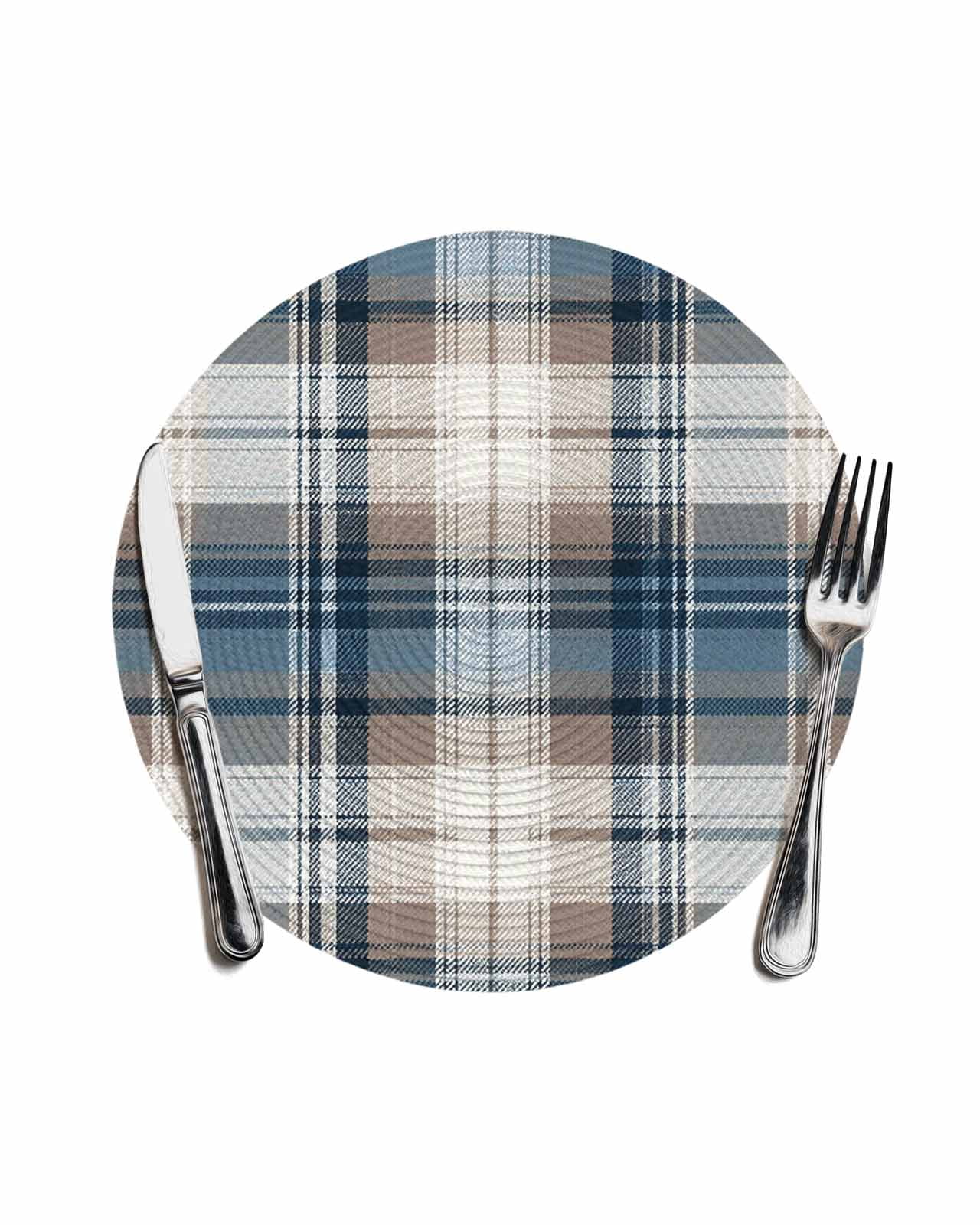 Blue Brown Plaid Round Placemats for Dinning Tables,Heat-proof Braided ...