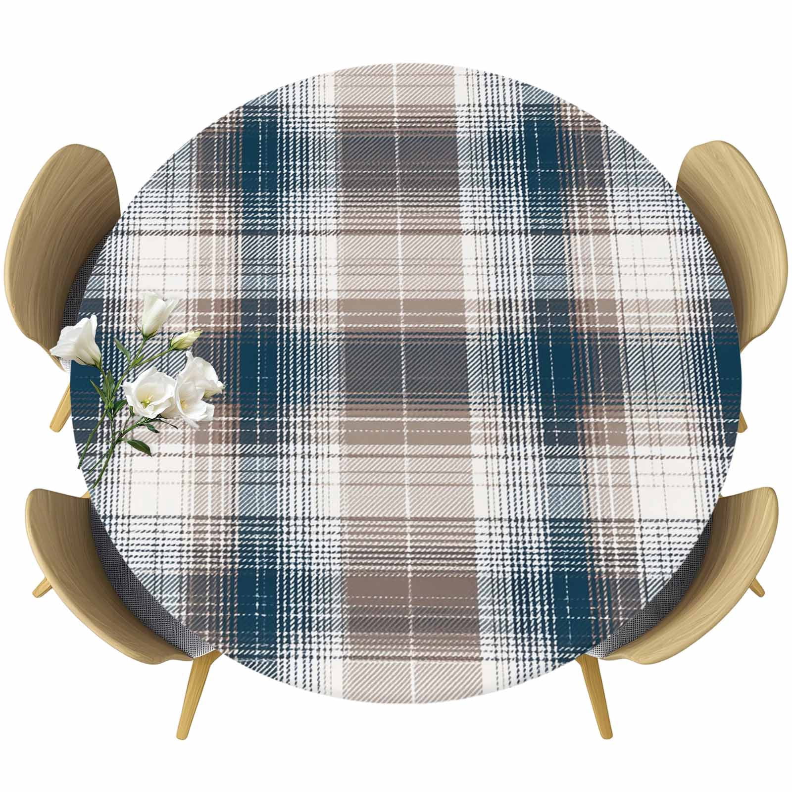 Blue Brown Plaid Round Tablecloth, Fitted Table Cover with Elastic for ...