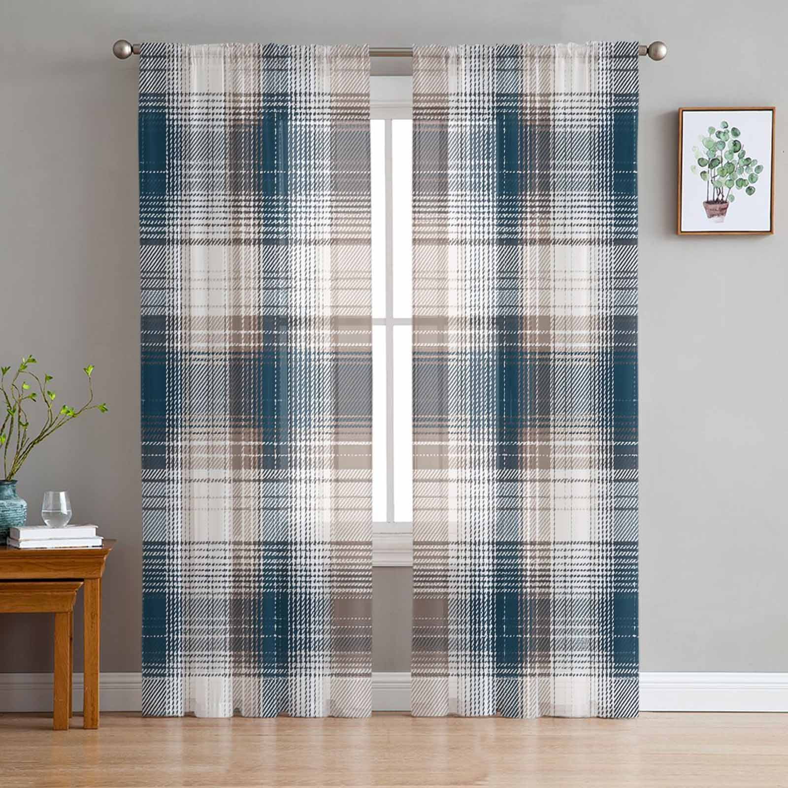 Blue Brown Plaid Sheer Curtains 63 Inch Length 2 Panels Set, Semi ...