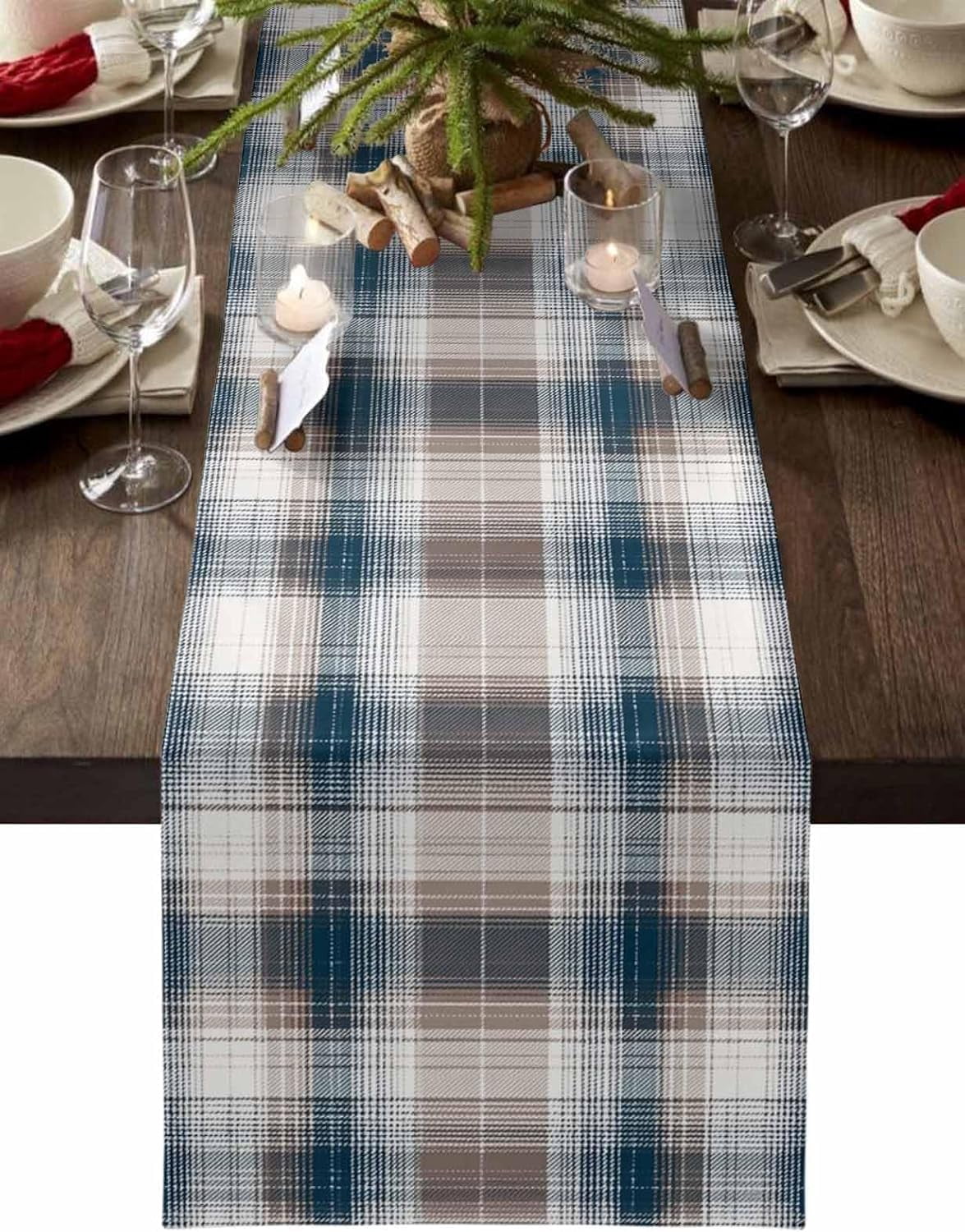 Blue Brown Plaid Table Runner 108 Inches Long, Modern Abstract Striped ...