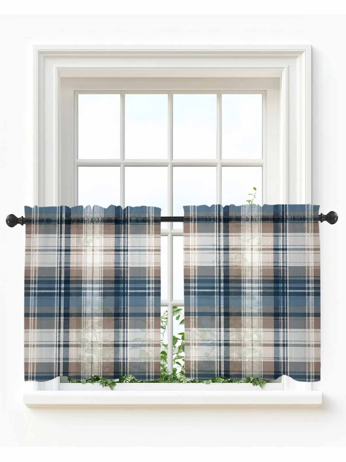 Blue Brown Plaid Tier Curtains 24 Inch Length,Sheer Curtains for ...