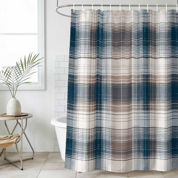 Blue Brown Plaid Waterproof Fabric Shower Curtain,Modern Abstract ...