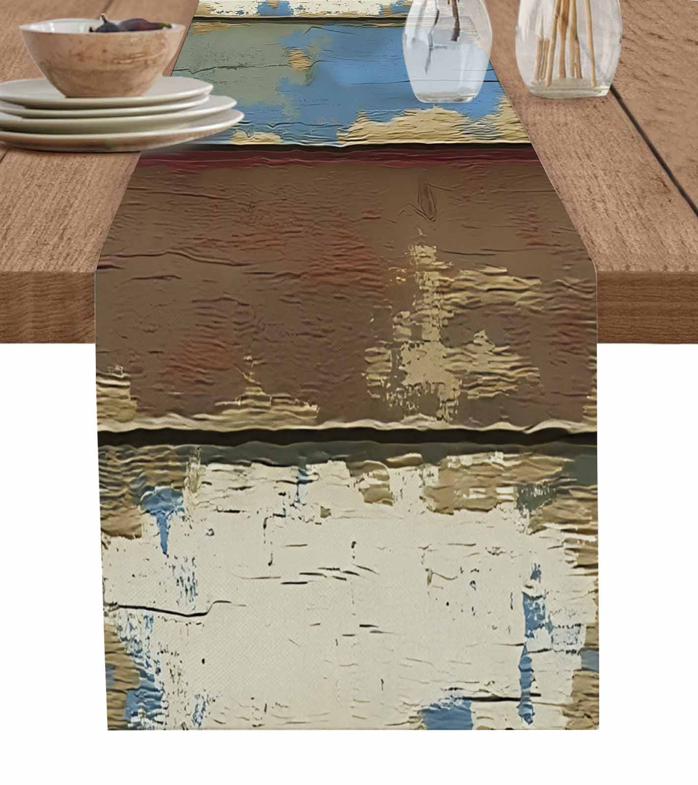 Blue Brown Plank Burlap Cotton Table Runner 13x90 Inches Long, Vintage ...