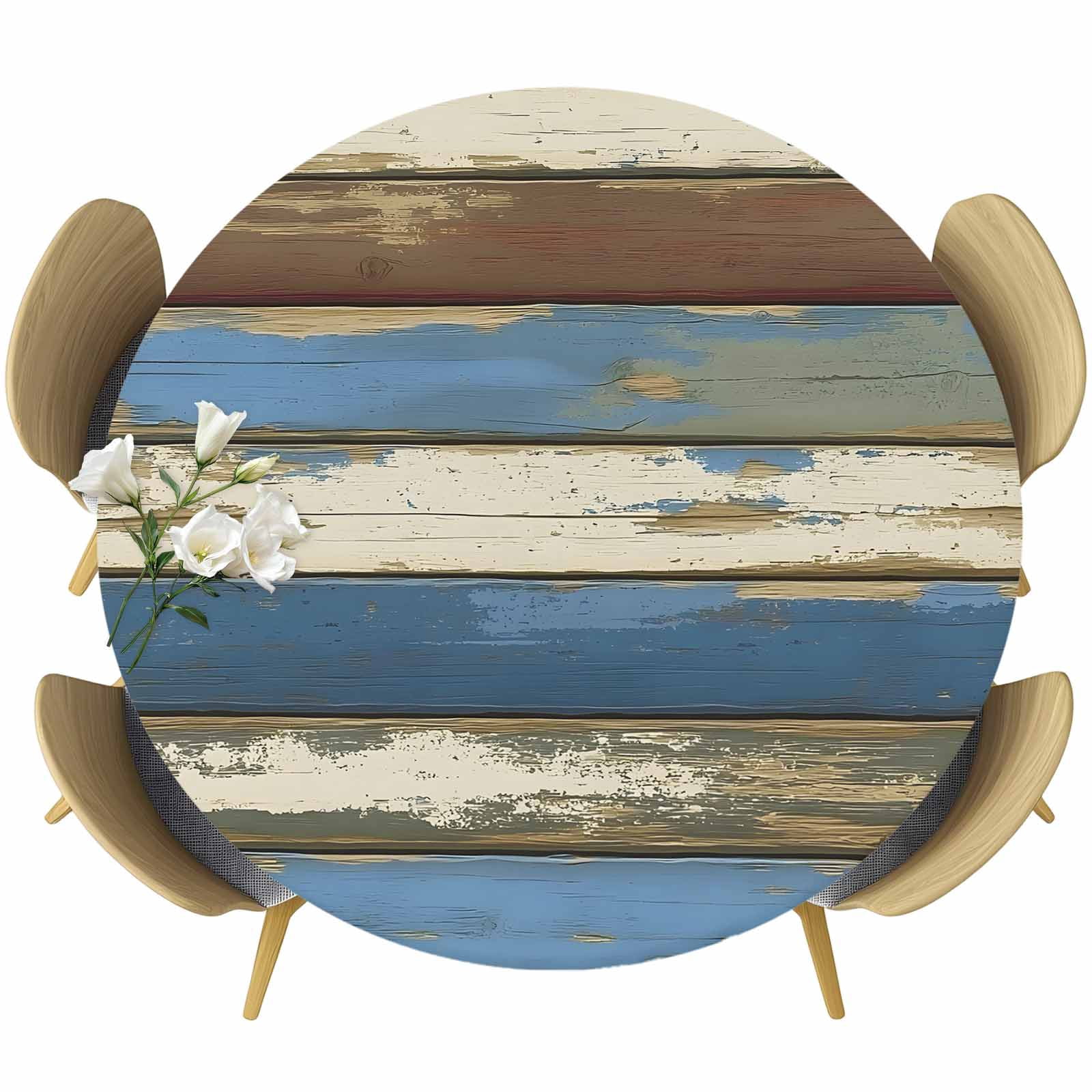 Blue Brown Plank Round Tablecloth 36-44 Inch Round Fitted Table Cloth ...