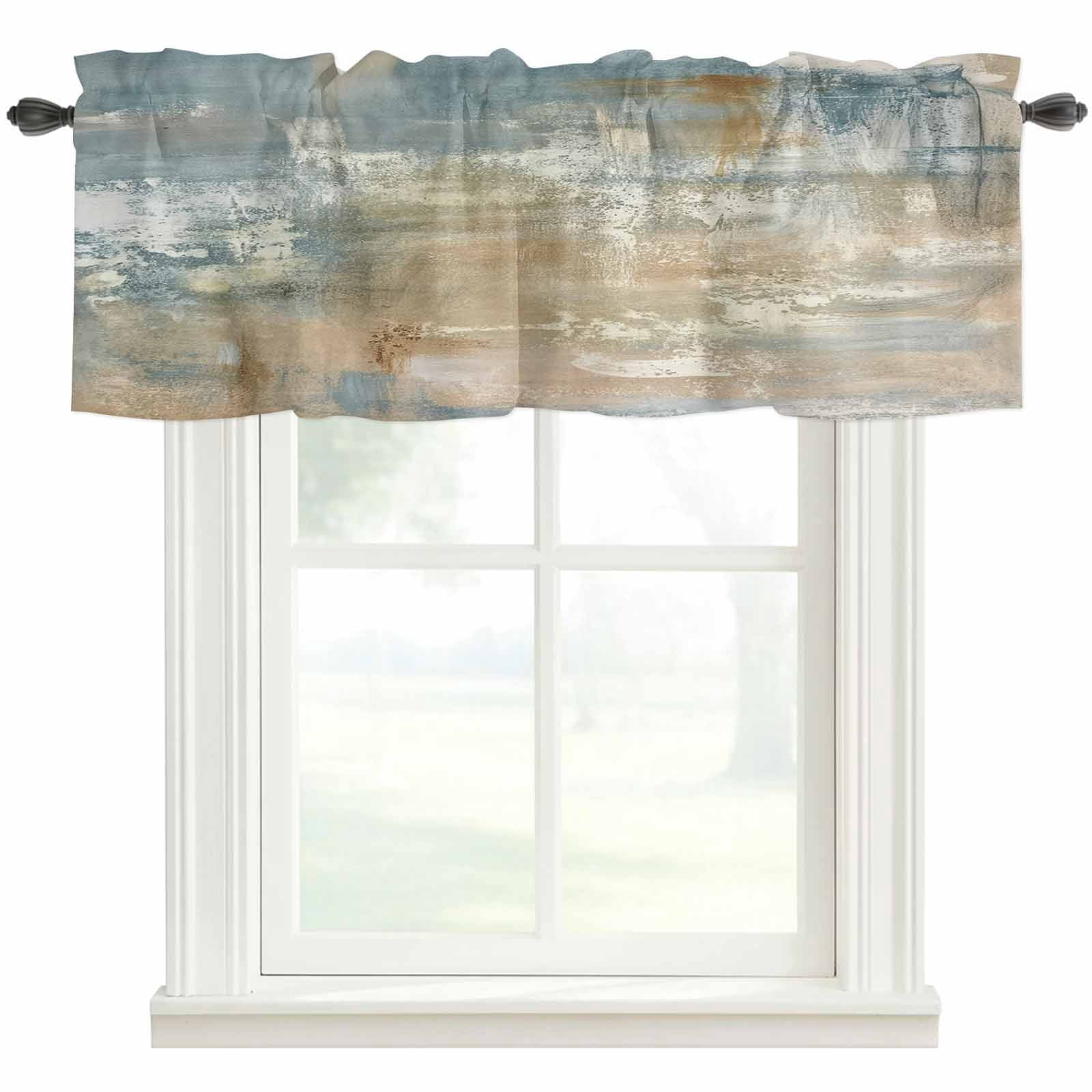 Blue Brown Rod Pocket Curtain Valance, Vintage Modern Oil Painting Art ...