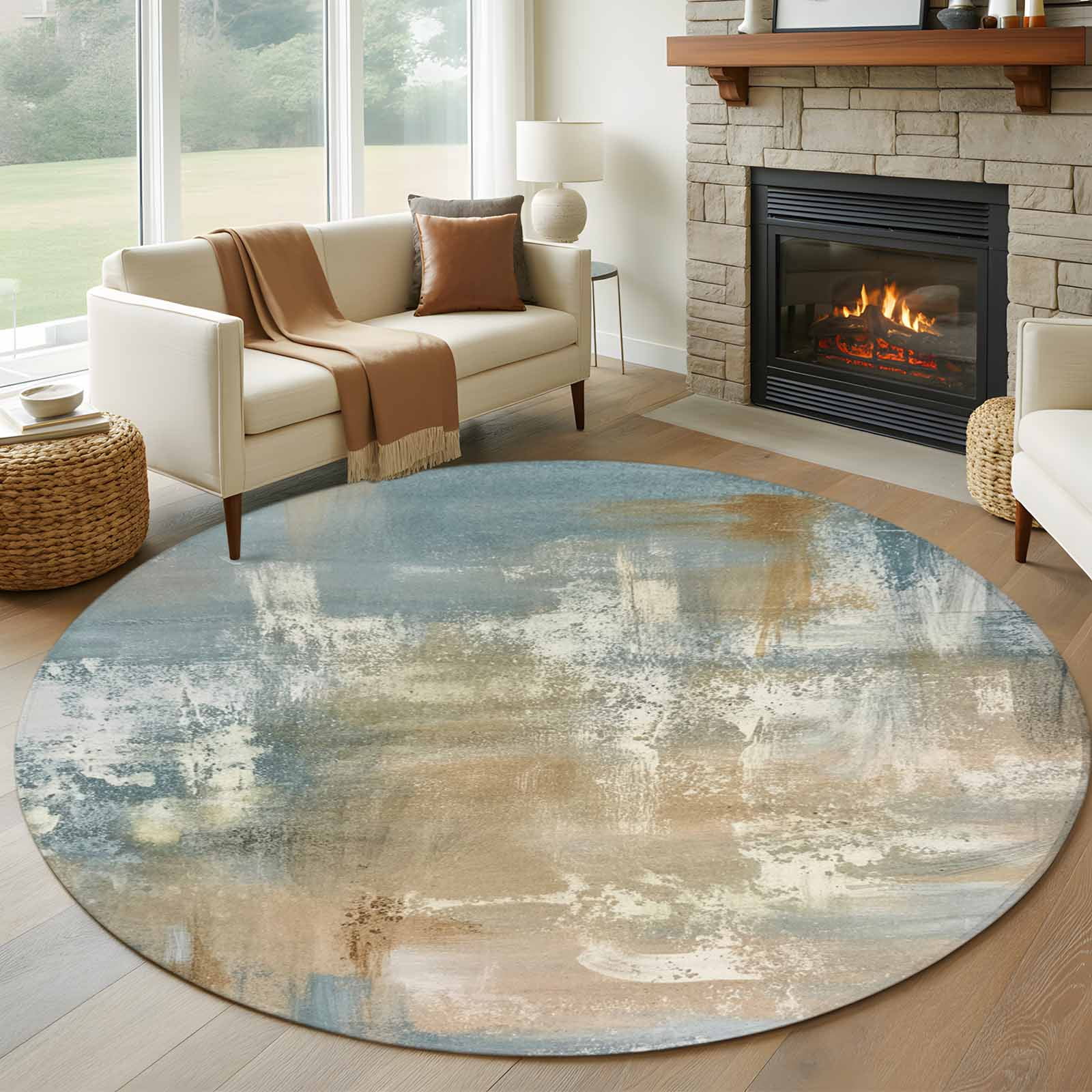 Blue Brown Round Rug 7ft Washable Circle Rugs Non Slip Vintage Modern ...