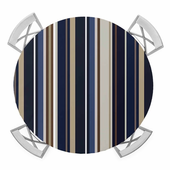 Blue Brown Round Table Cover, Stripes Waterproof Fitted Tablecloths for ...