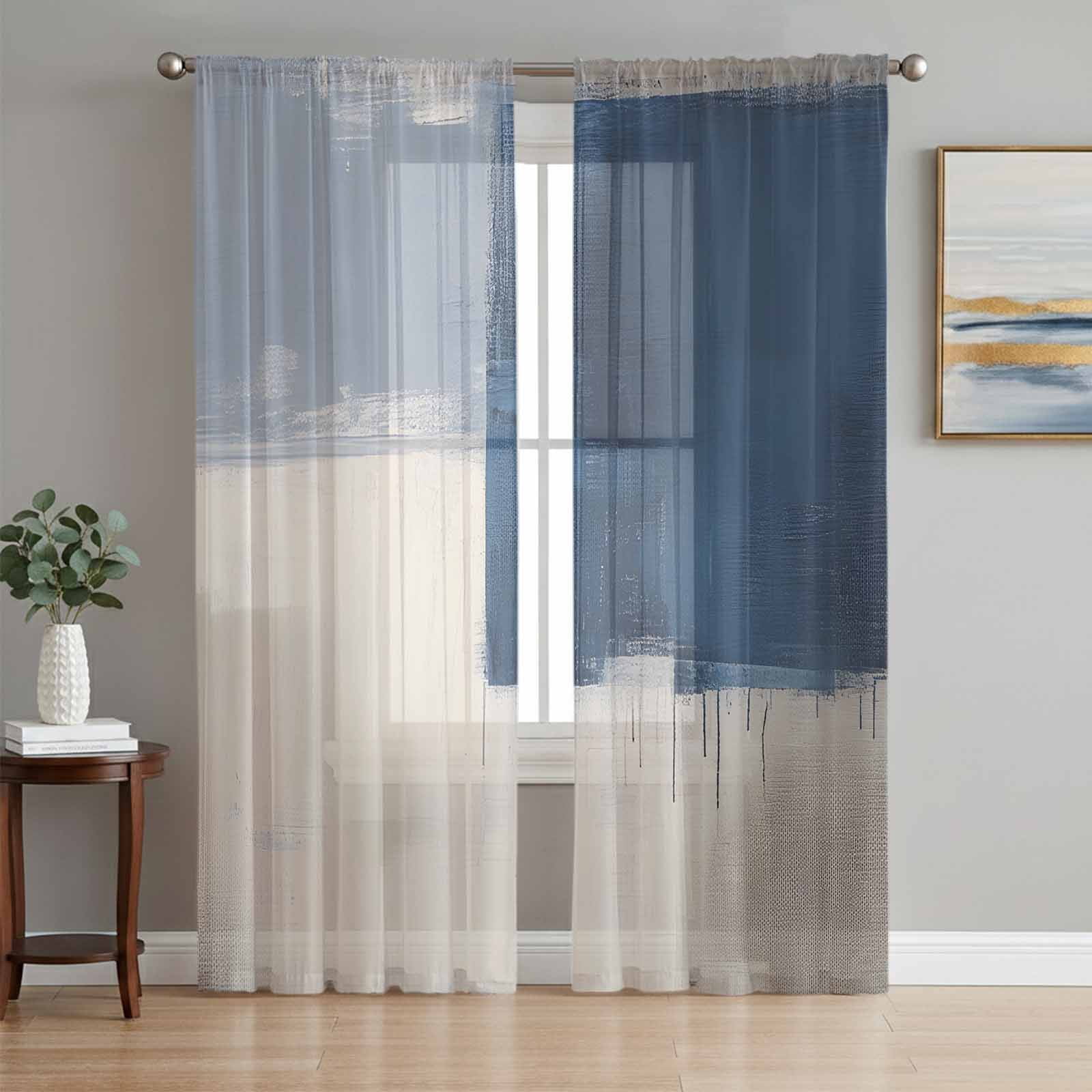 Blue Brown Sheer Curtains 72 Inch Length 2 Panels Set, Modern Geometric ...