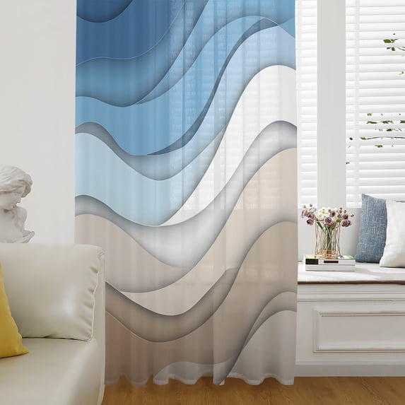 Blue Brown Sheer Curtains 84 Inch Length, Light Filtering Voile Curtain ...