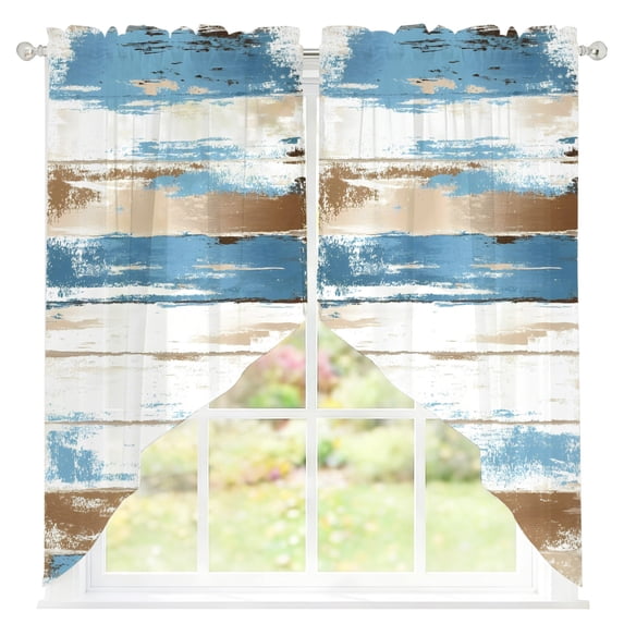 Blue Brown Sheer Curtains Swag Valances for Windows Wood Grain Oil ...