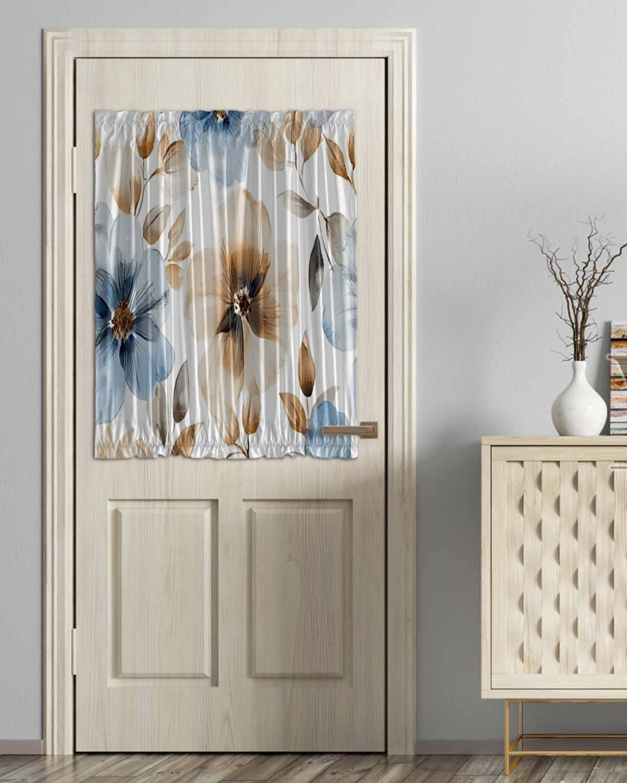 Blue Brown Spring Floral Blackout Door Curtains for French, Glass,Front ...