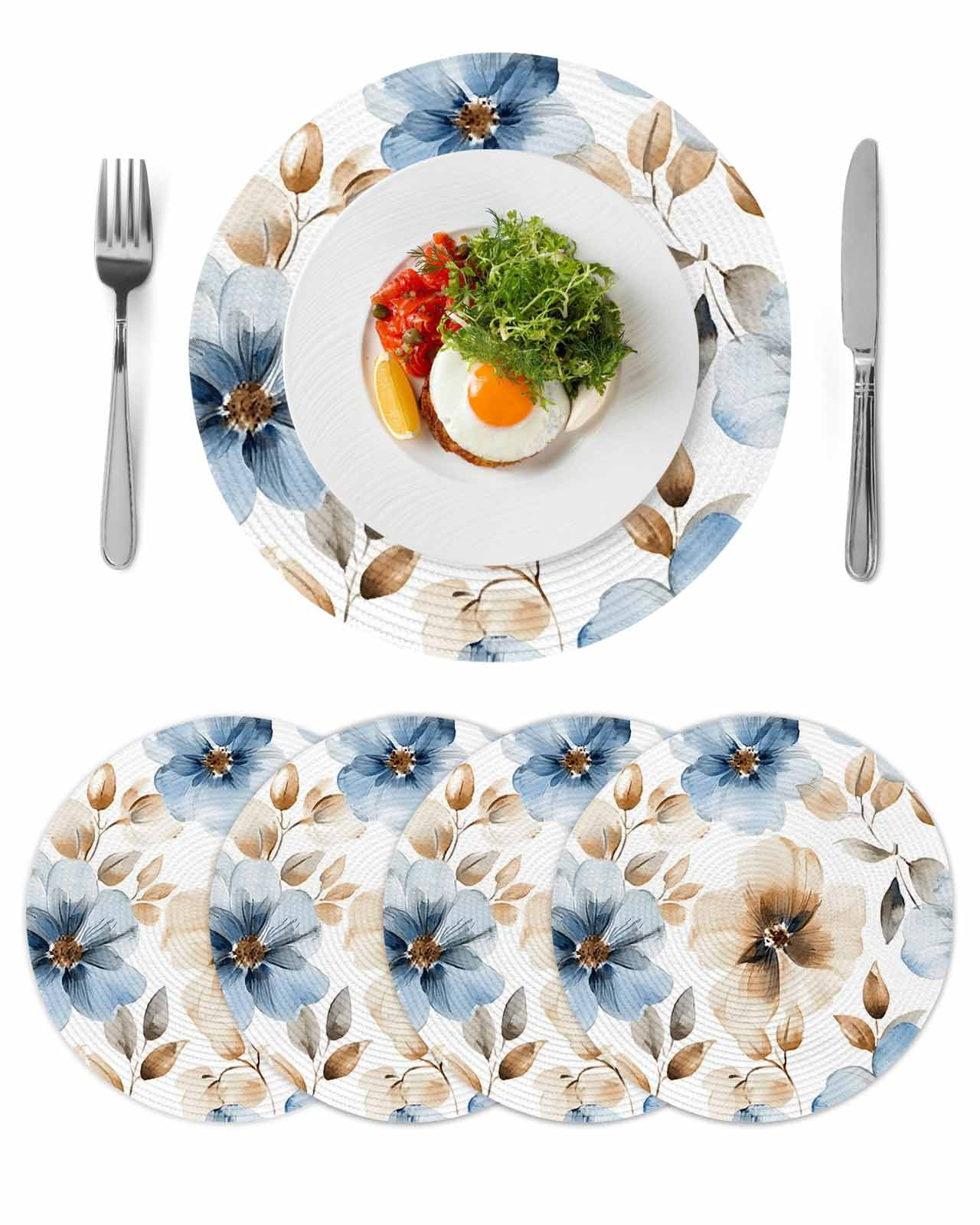 Blue Brown Spring Floral Round 15 Inch Placemats Set of 4, Summer ...
