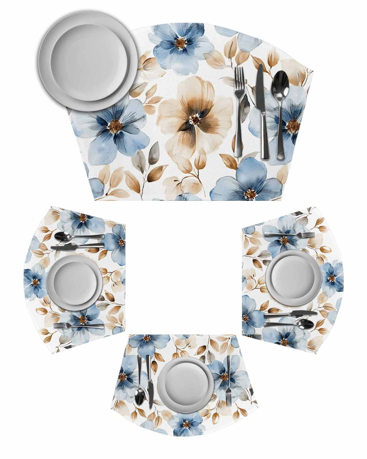 Blue Brown Spring Floral Round Table Placemats Set of 6 Wedge Placemats ...