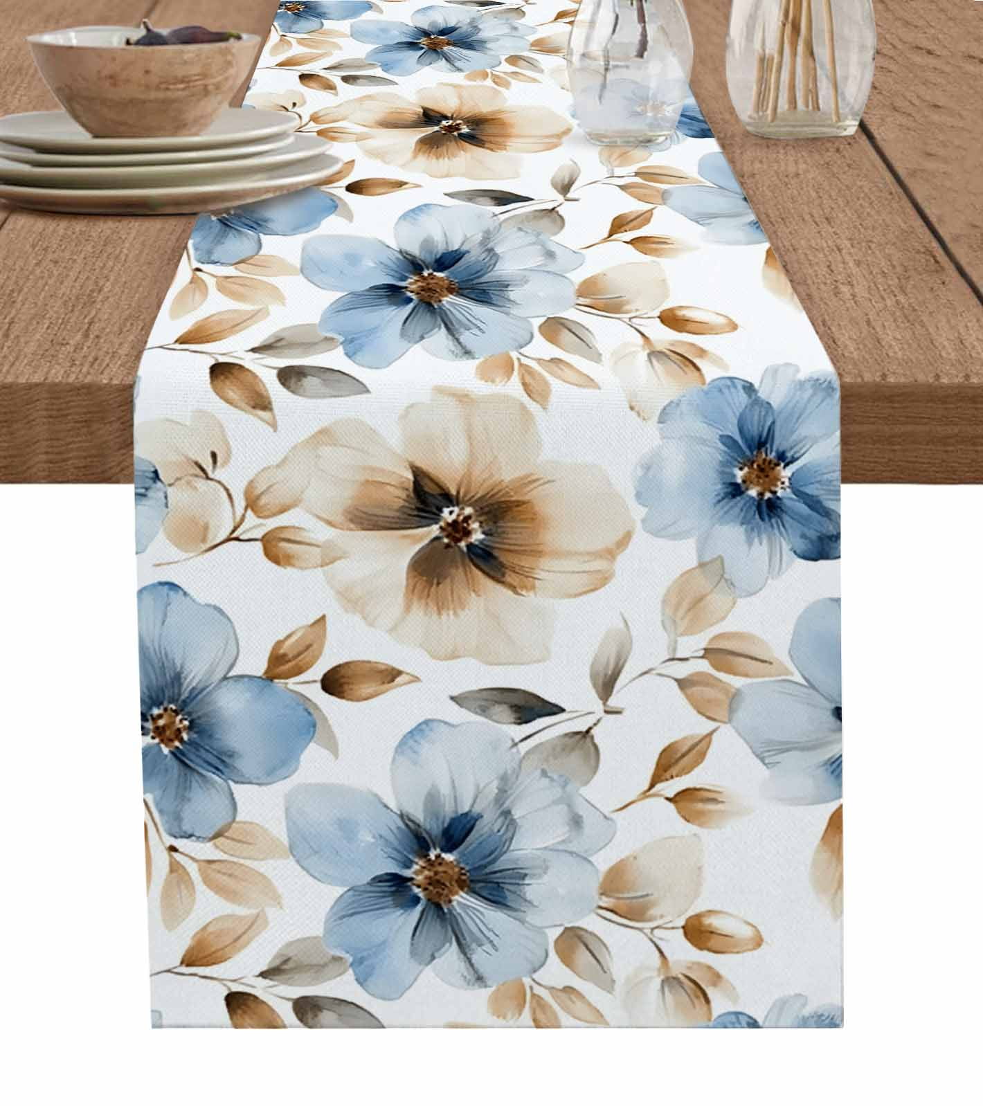 Blue Brown Spring Floral Table Runner Summer Botanical Watercolor ...