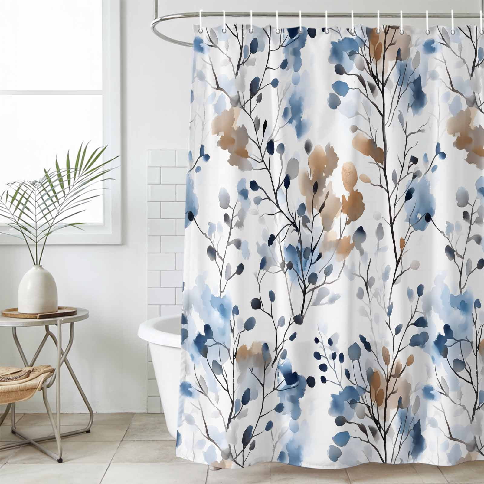Blue Brown Spring Floral Waterproof Fabric Shower Curtain,Summer ...