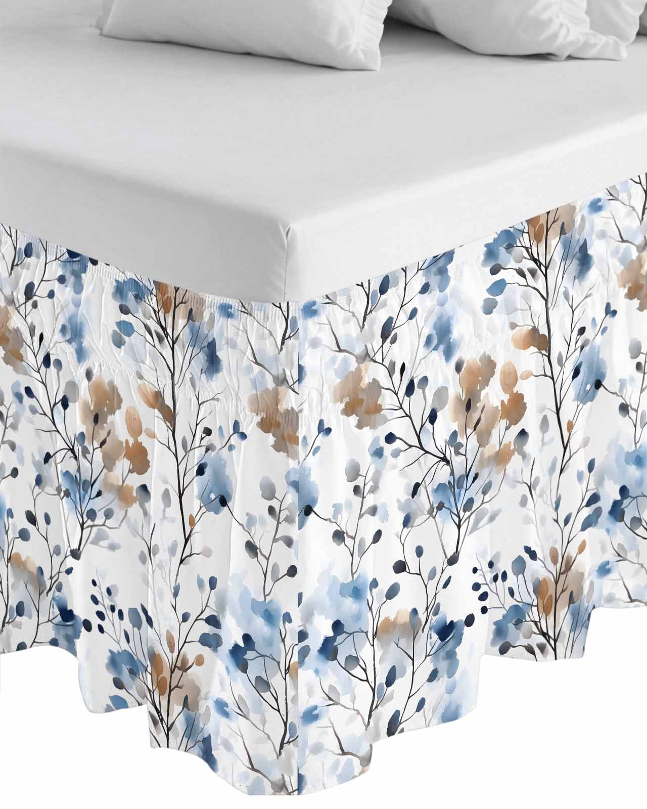 Blue Brown Spring Floral Wrap Around Bed Skirts for King Bed 16" Drop ...