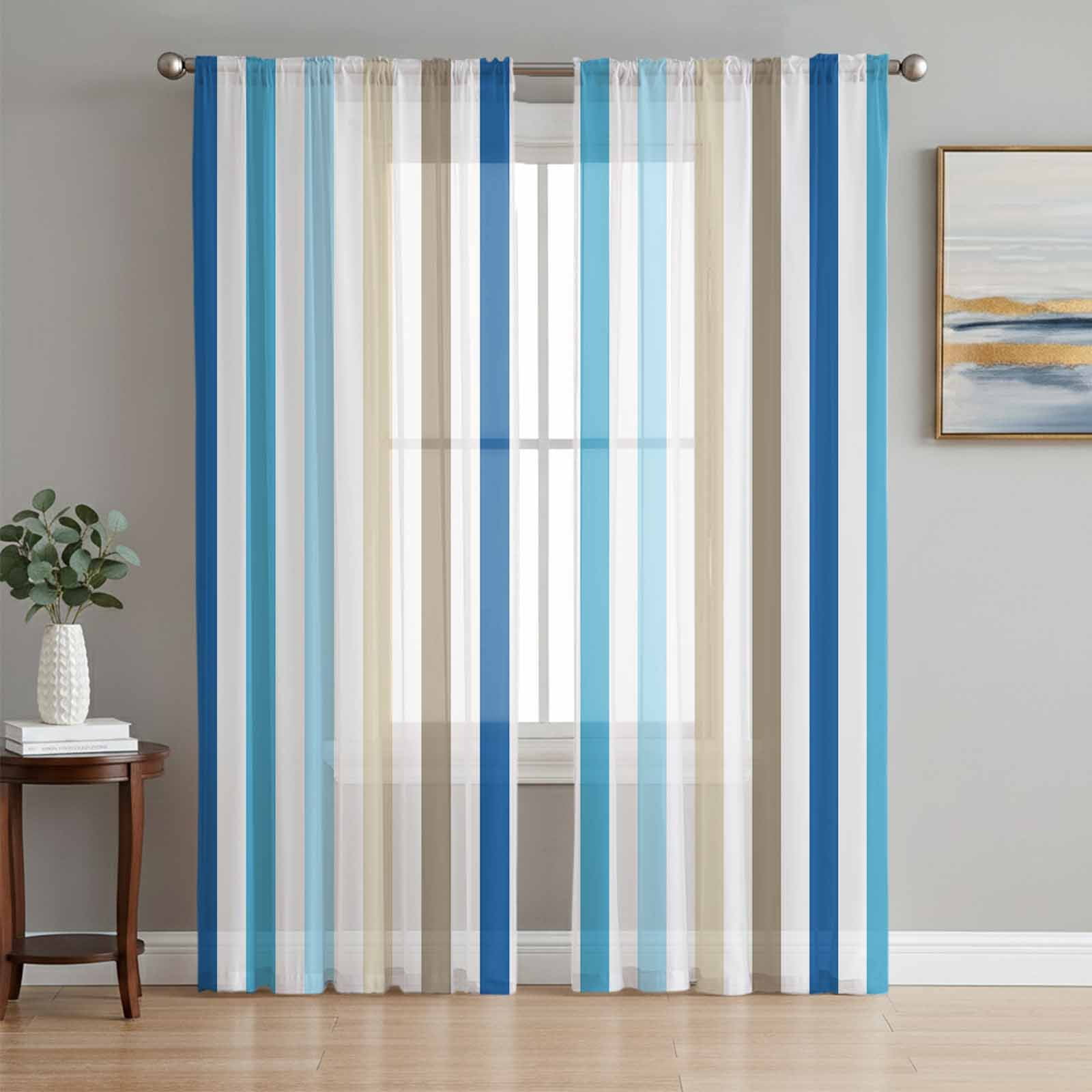 Blue Brown Stripe Sheer Curtains 72 Inch Length 2 Panels Set, Ombre ...