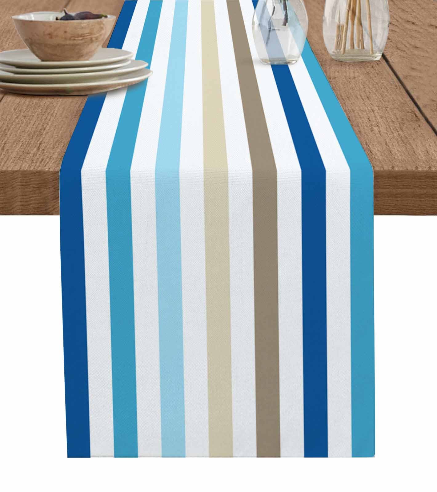 Blue Brown Stripe Table Runner 120 Inches, Ombre Geometric Vertical ...