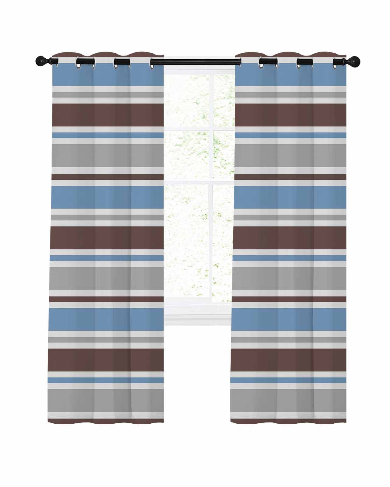 Blue Brown Striped Blackout Curtains, Light Blocking Print Window ...