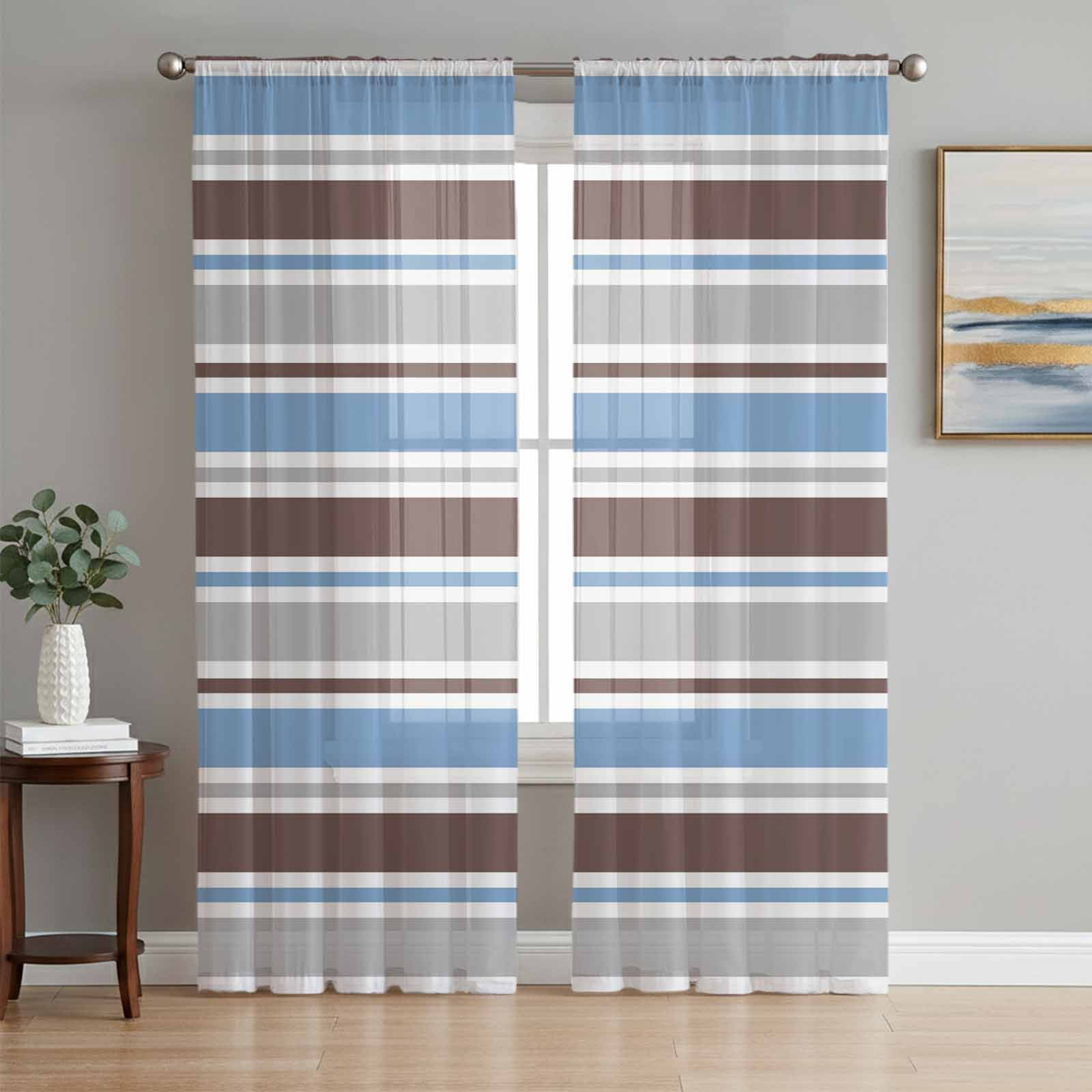 Blue Brown Striped Semi Sheer Curtains 84 Inch Length 2 Panels Set ...