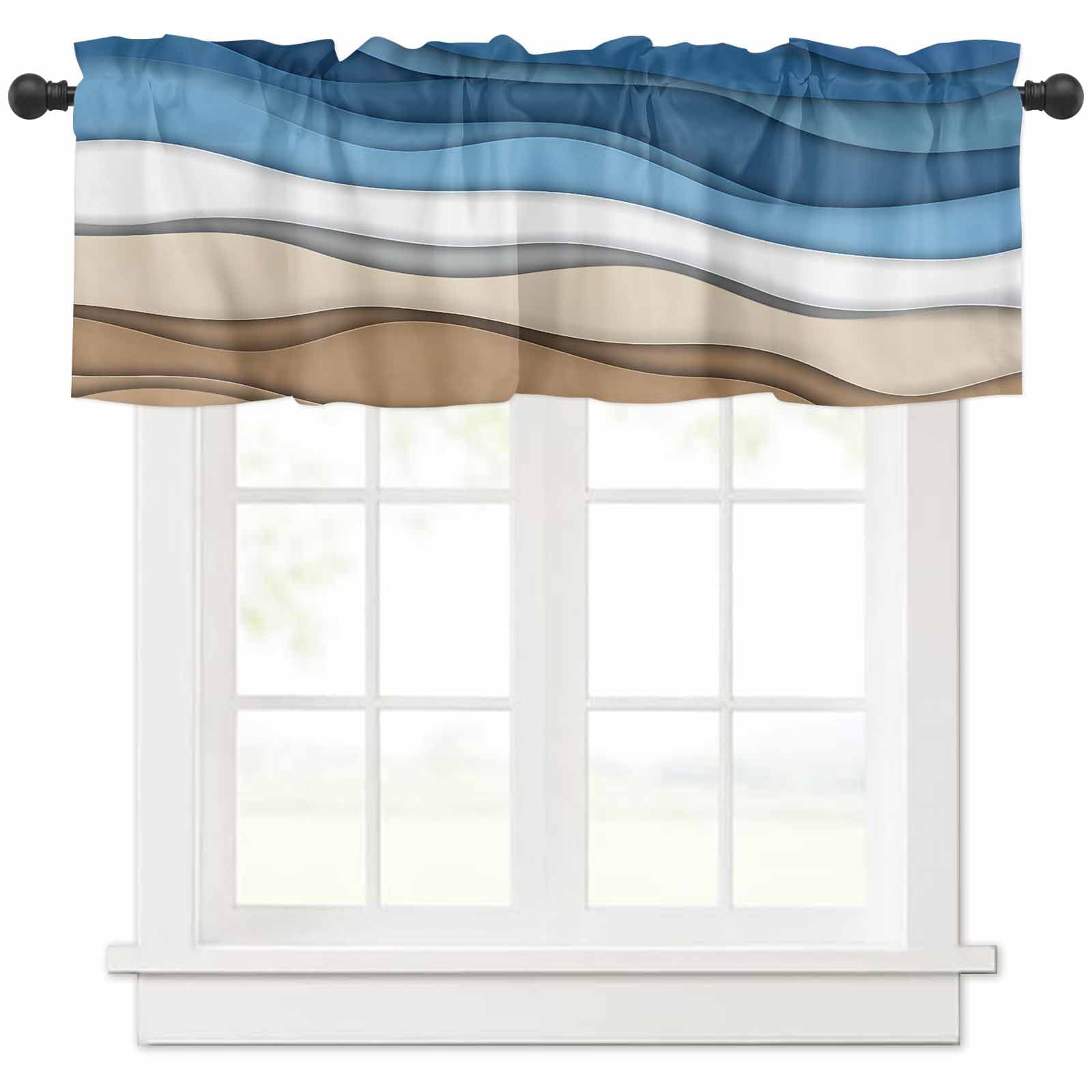 Blue Brown Striped Valances for Windows Farmhouse Kitchen Curtains ...