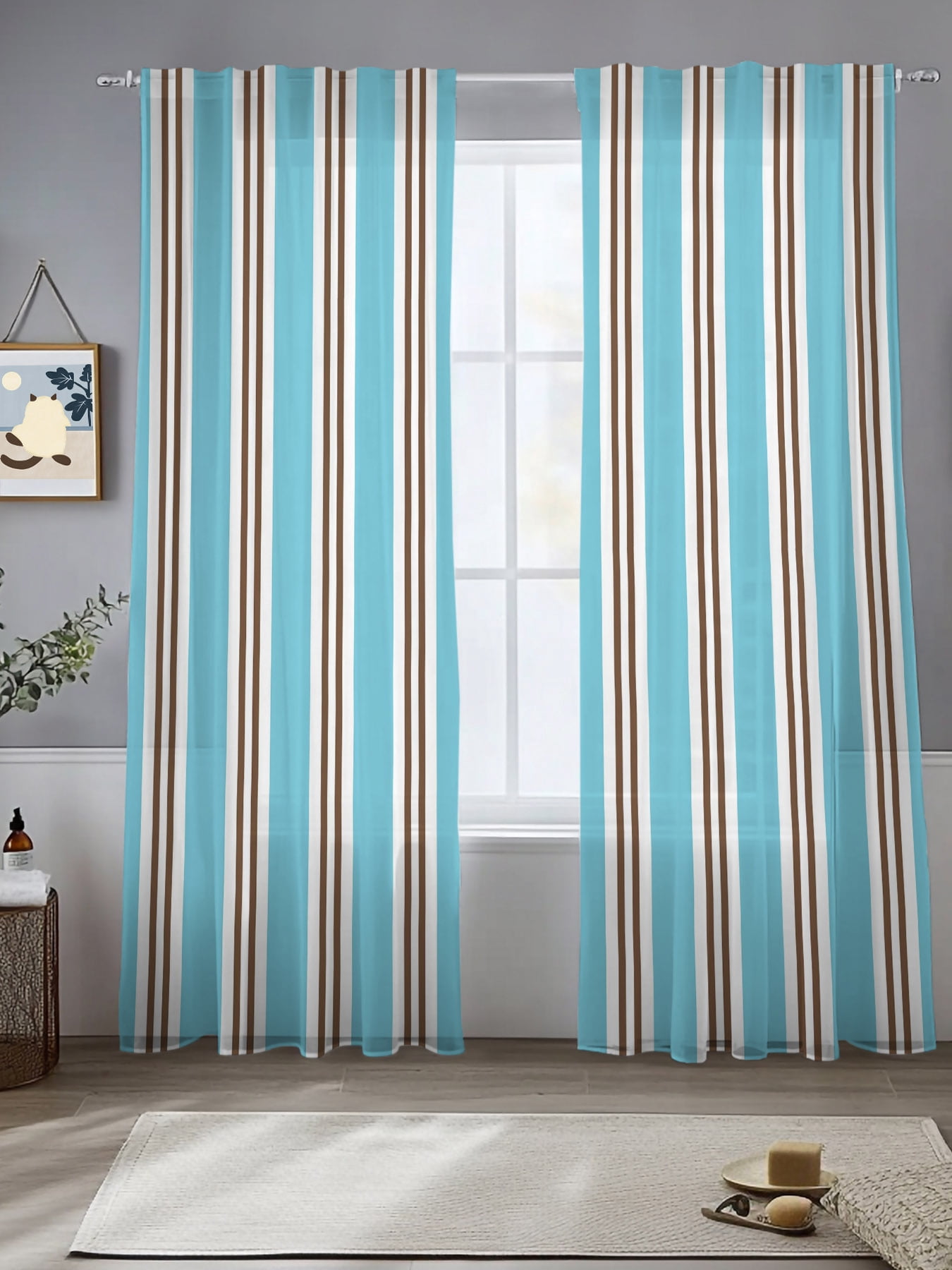 Blue Brown Stripes Line Chiffon Sheer Curtains 84 Inches Long Modern ...