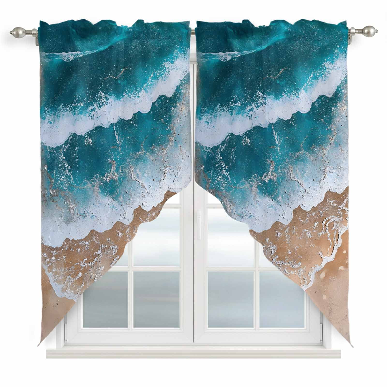 Blue Brown Swag Curtain Valance for Window 2 Panels Sea Wave Beach ...