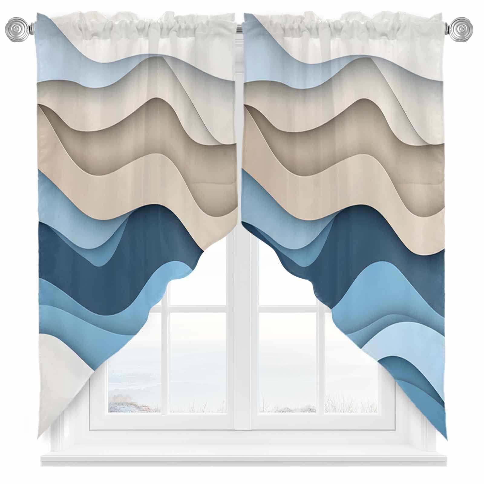 Blue Brown Swag Curtain Valance for Windows, Wave Stripe Abstract Ombre ...