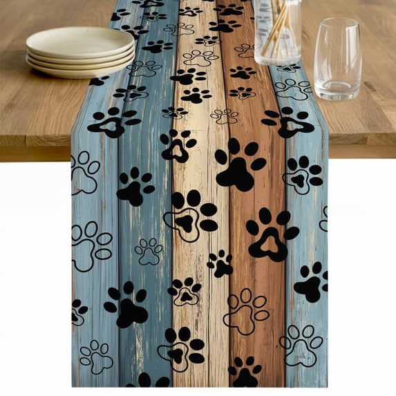 Blue Brown Table Runner - 108 Inch Long Rustic Farmhouse Dog Paw ...