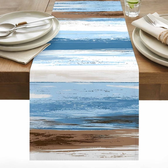 Blue Brown Table Runner 13x108 inch Stitching Wood Grain Abstract Oil ...